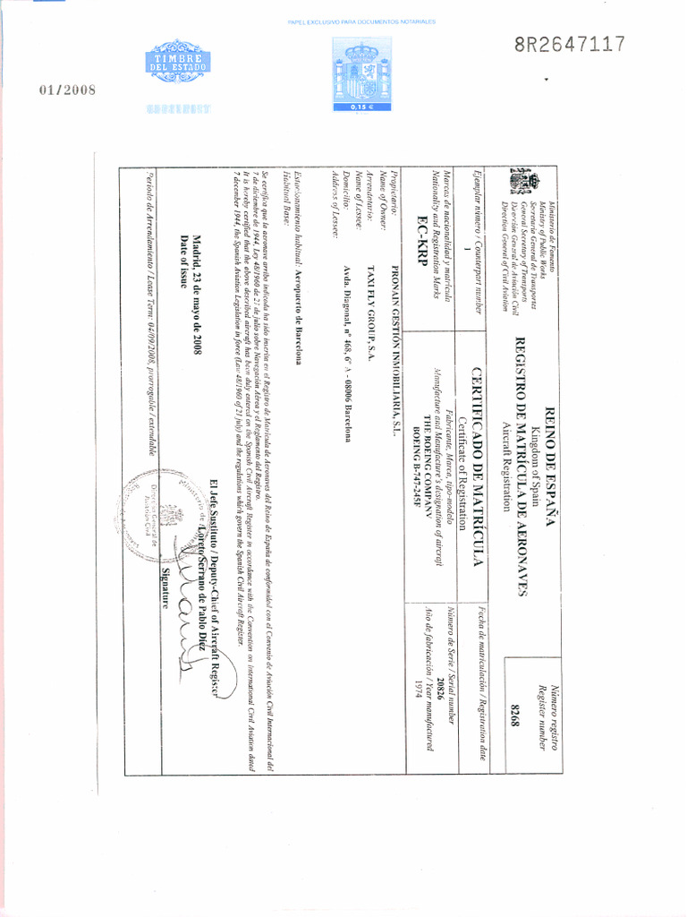 Certificado Matricula Jumbo Ec-Krp | PDF