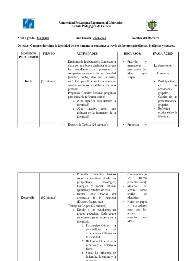 Universidad Pedagógica Experimental Libertador PLAN DE CLASES 6TO GRADO ...