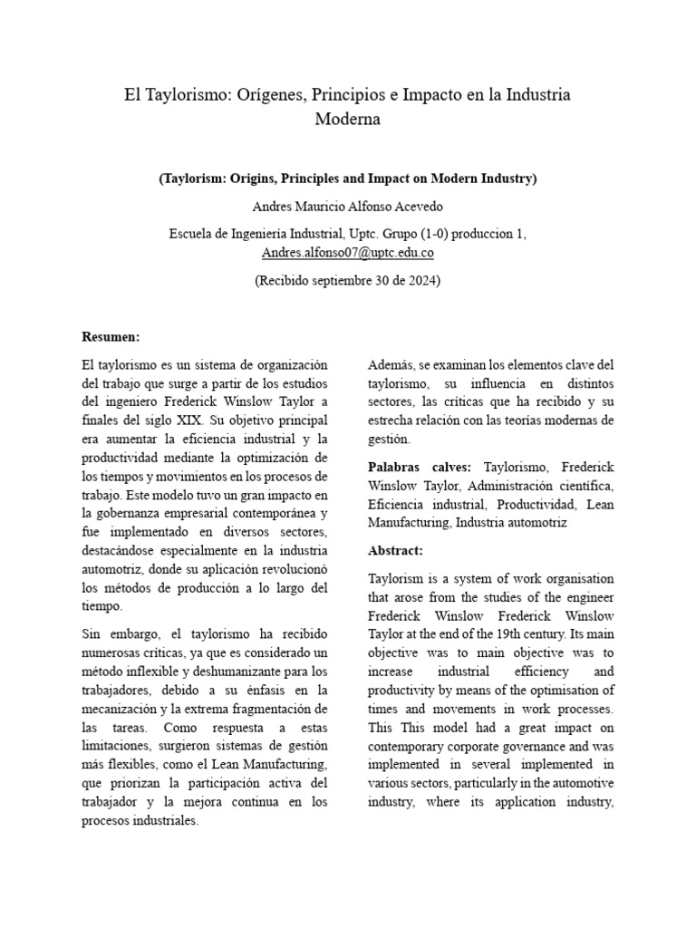 El Taylorismo | PDF | Lean Manufacturing | Producción y fabricación