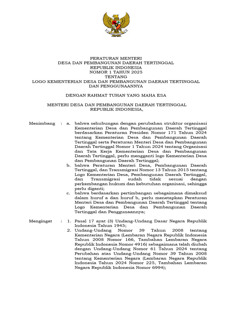 Peraturan Menteri Desa Dan PDT Nomor 1 Tahun 2025 TTG Logo Kementerian Desa Dan PDT Dan ...
