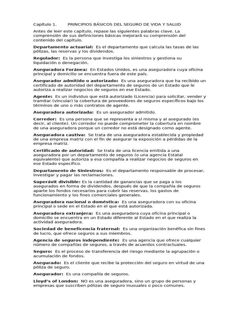 Capítulo 1 PRINCIPIOS BÁSICOS DEL SEGURO DE VIDA Y SALUD | PDF | Seguro | Reaseguro