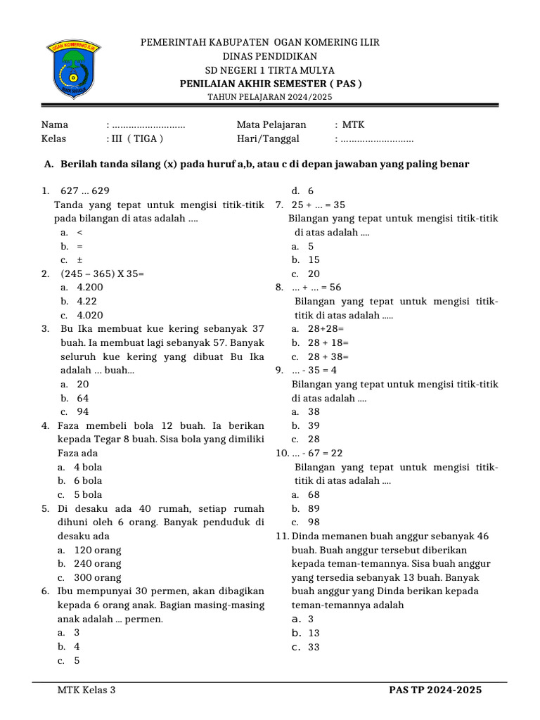 Soal MTK Pas Kelas Iii | PDF
