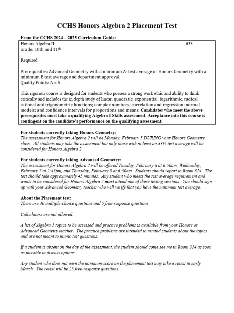 Honors Algebra 2 Placement Test Information-1 | PDF