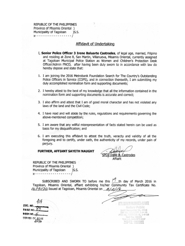 Notarized Affidavit of Undertaking | PDF