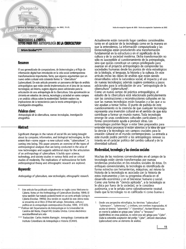 020 ESCOBAR. Bienvenidos a Cyberia notas para una antropología | PDF