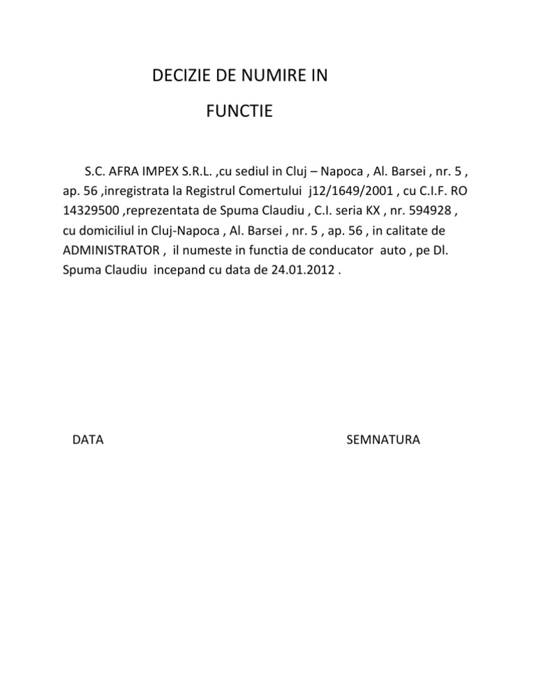 Decizie de Numire In