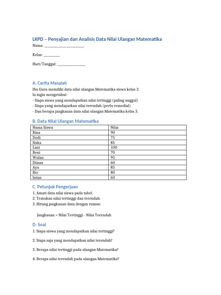 LKPD Nilai Ulangan Matematika | PDF