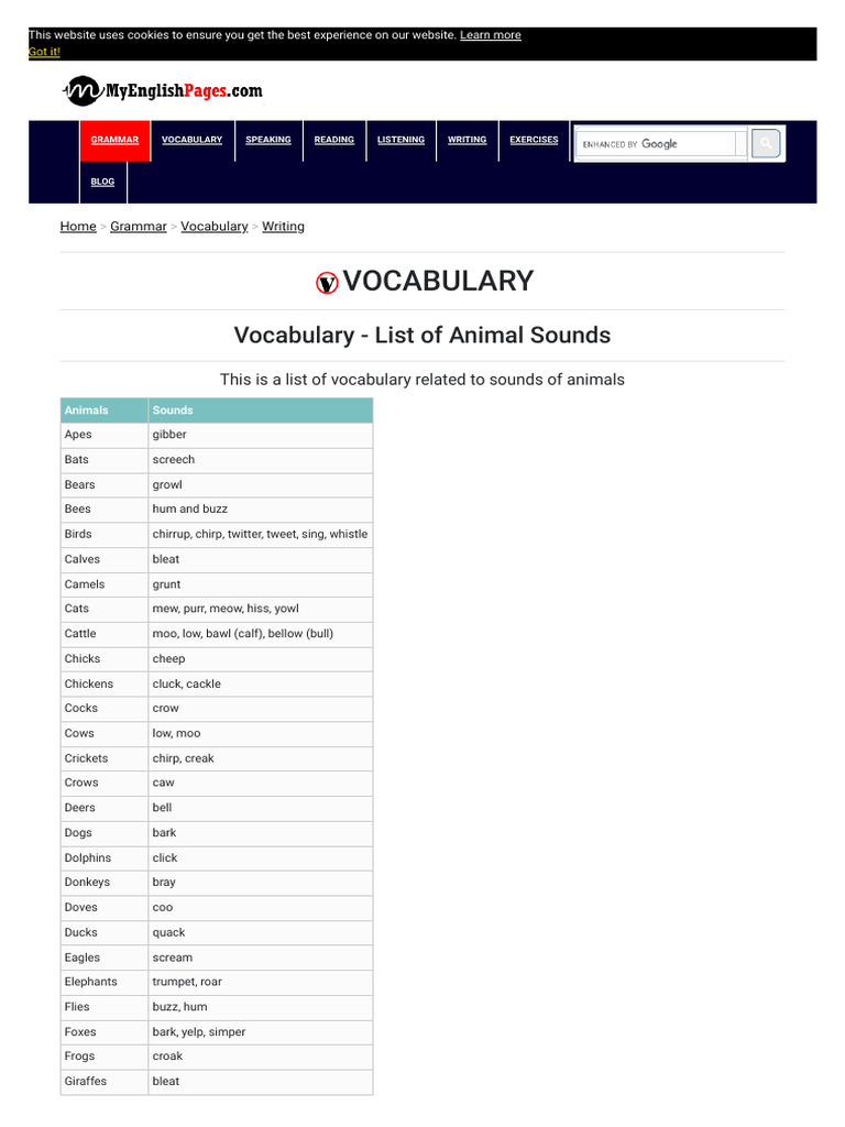 English Vocabulary - List of Animal Sounds - 1611157420532 | PDF ...