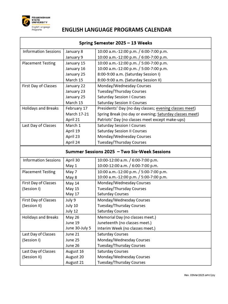English Language Programs Calendar 2025 | PDF | Academic Term ...