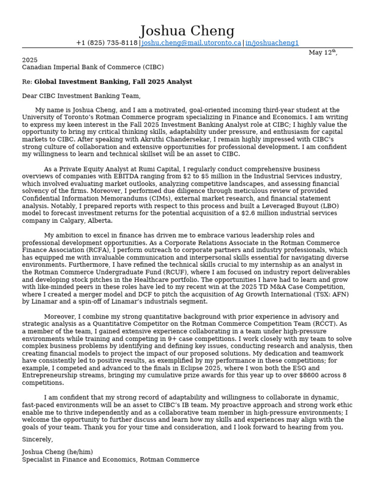 CIBC Cover Letter Fall 2025 | PDF | Mergers And Acquisitions ...