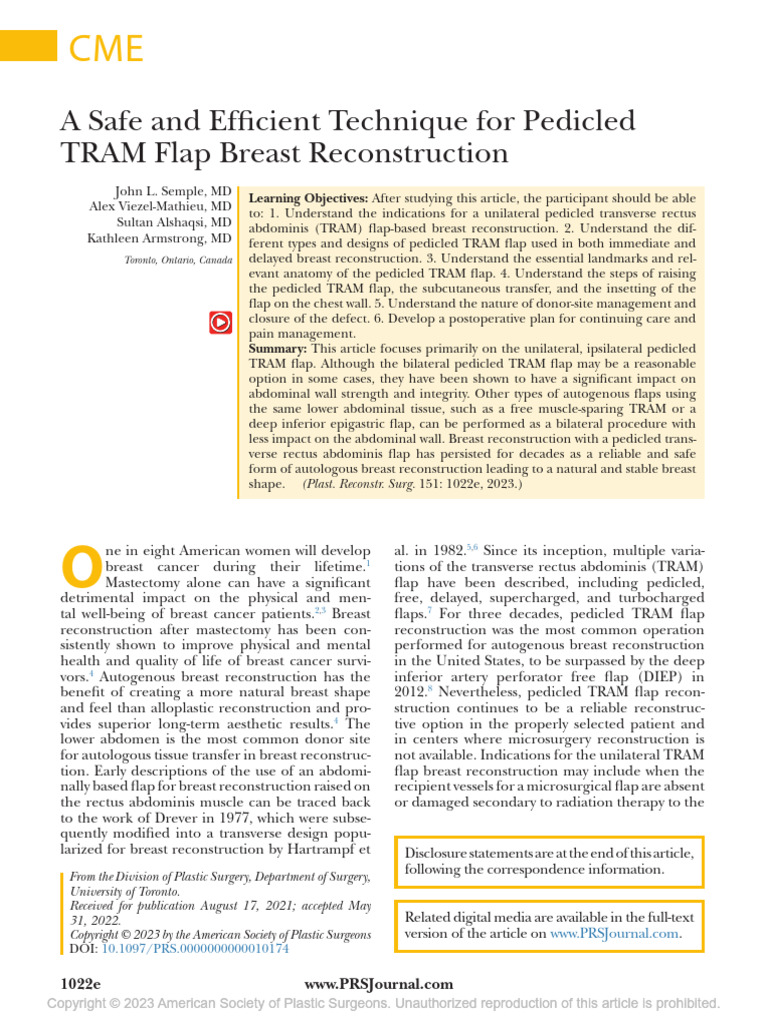 2023 A Safe and Efficient Technique For Pedicled TRAM Flap Breast ...