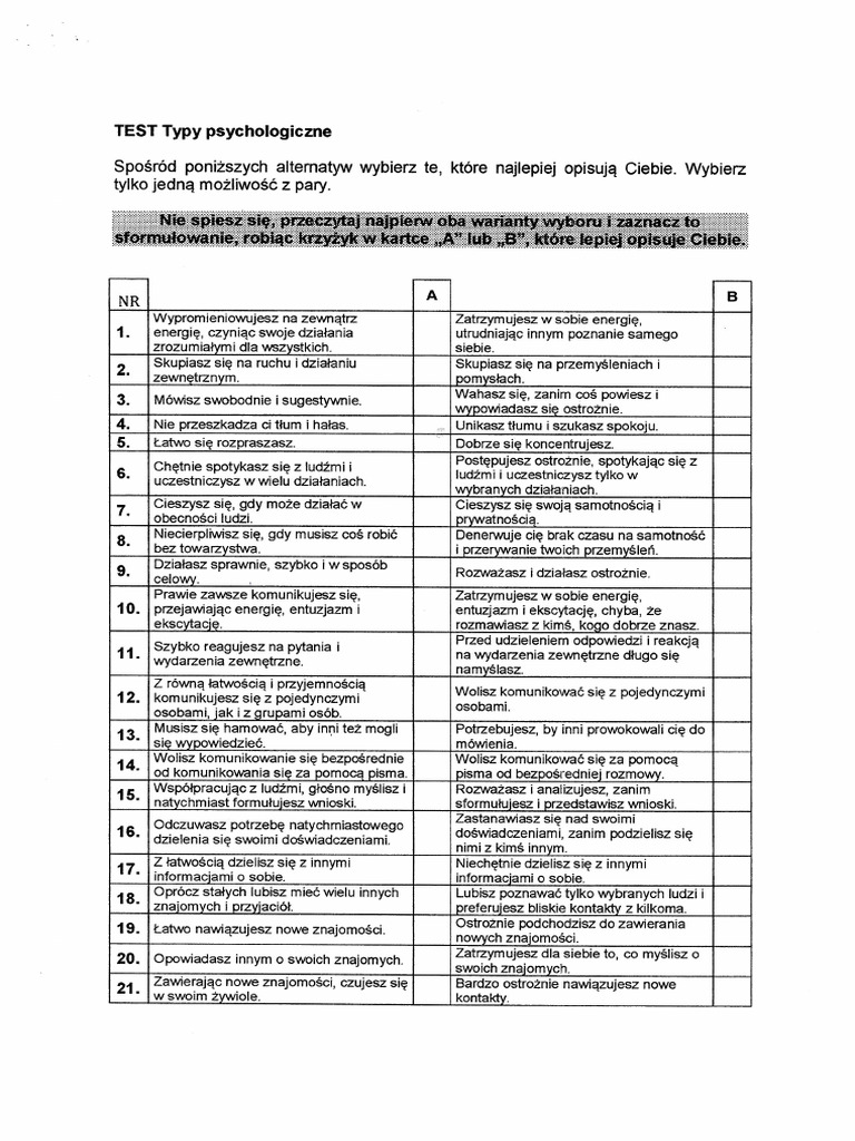 Test Psychologiczny Typy | PDF
