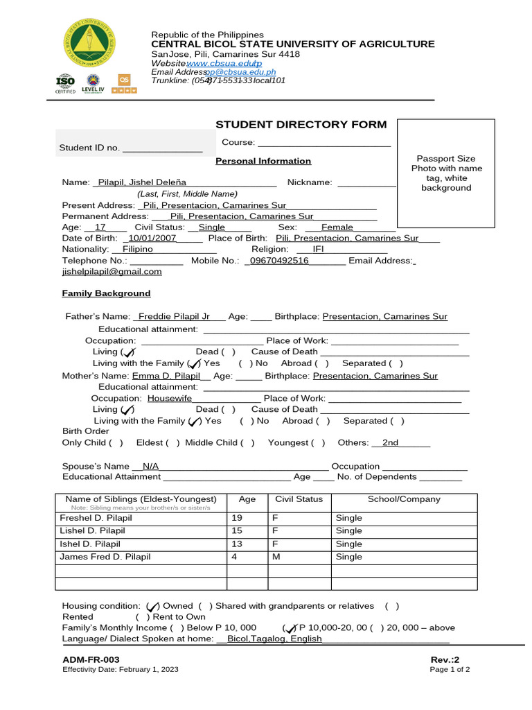 Jishel FR-003-Student-Directory-Form | PDF