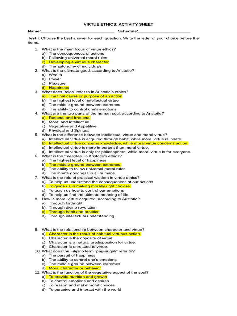 Virtue Ethics Activity Sheet Guide | PDF | Virtue | Virtue Ethics