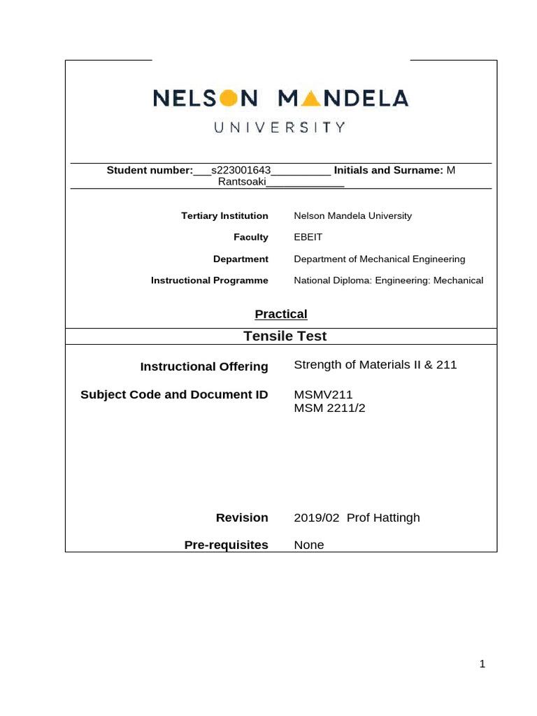 Tensile Test Practical - Student Submission Molemo Prac | PDF ...