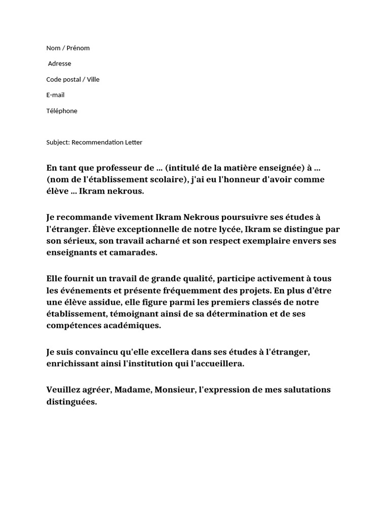 Lettre de recommandation pour Ikram | PDF
