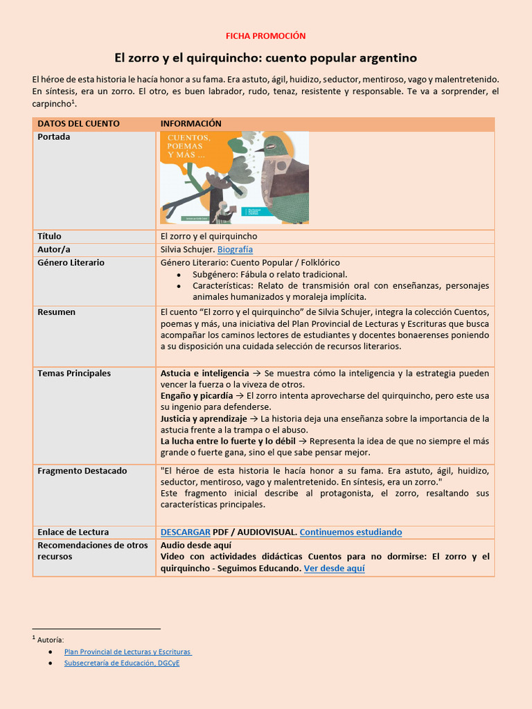 El zorro y el quirquincho: fábula argentina | PDF