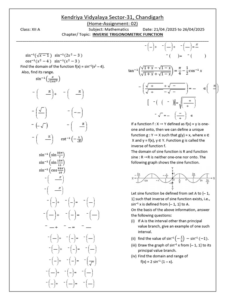 Inverse Trigonometric Functions Assignment | PDF | Trigonometric ...