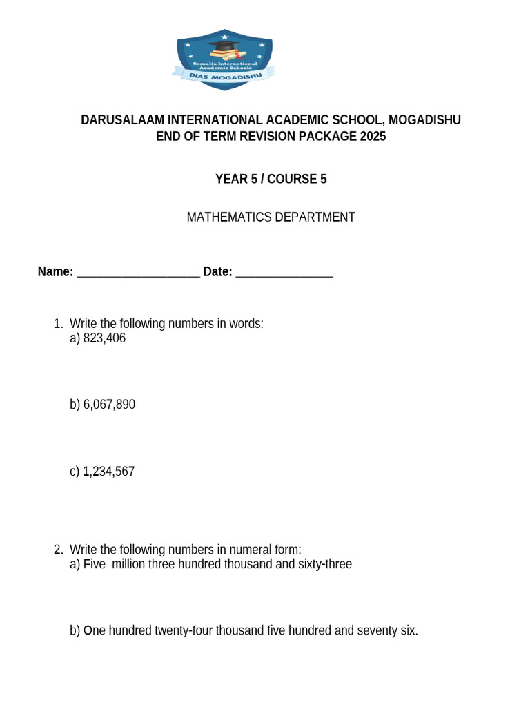 Math End of Term Revision Package Grade 5 | PDF | Arithmetic | Mathematics