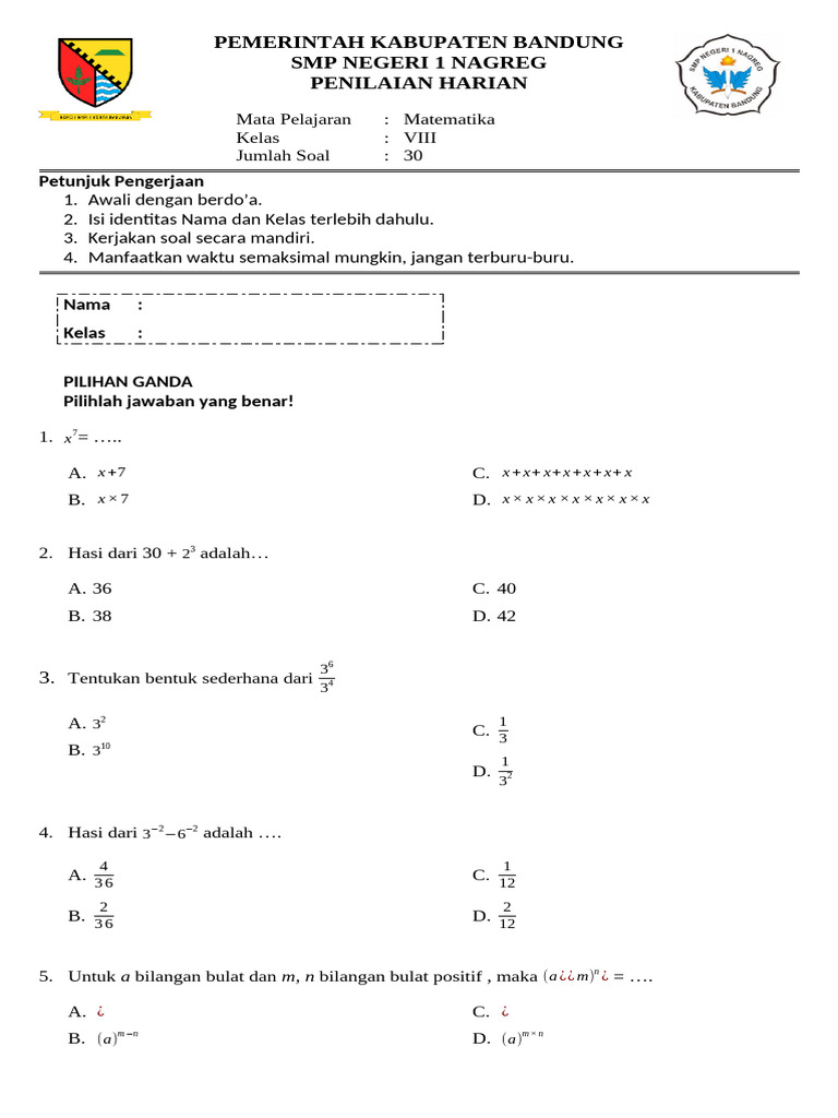 Penilaian Harian Matematika Kelas VIII | PDF