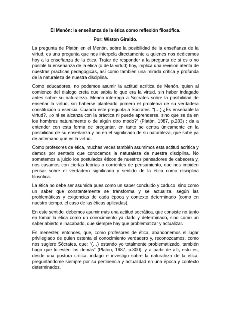 Ensayo sobre la enseñanza de la etica desde el Menon de Platon | PDF ...