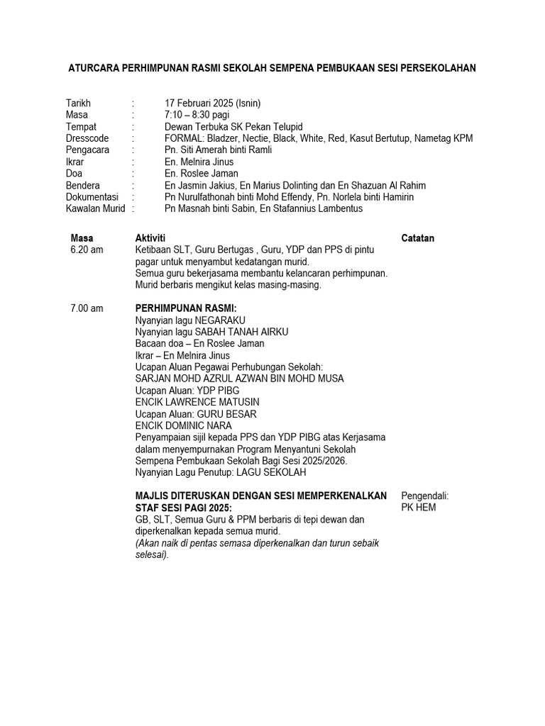 Aturcara Perhimpunan Rasmi Hari Pertama Tahap 2 | PDF