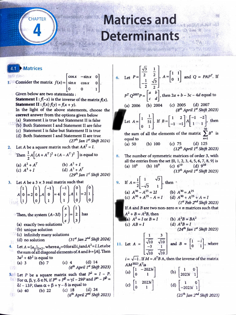 Matrices and Determinants PYQ | PDF