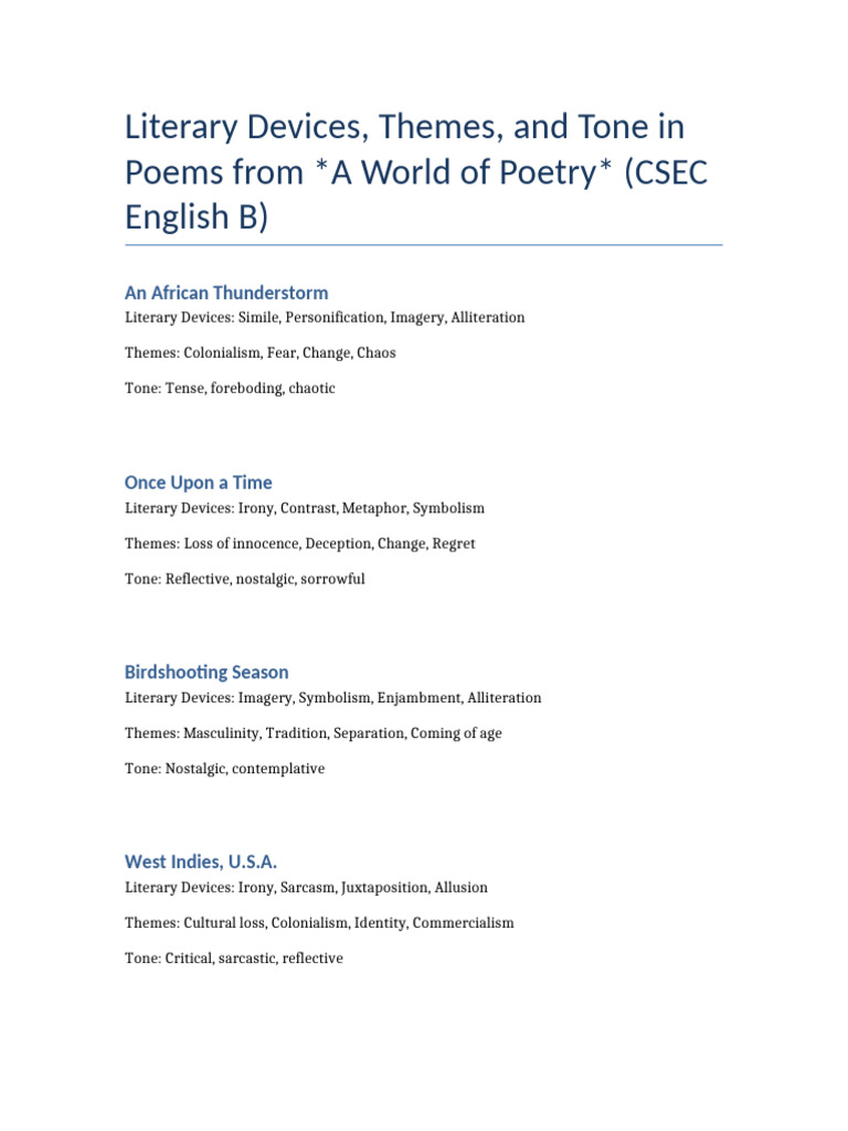 Poetry Literary Devices Themes Tone CSEC | PDF | Poetry
