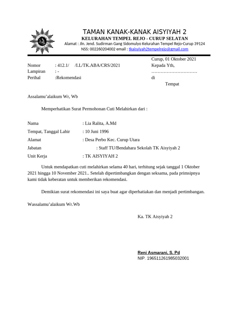 Surat Permohonan Cuti Melahirkan | PDF