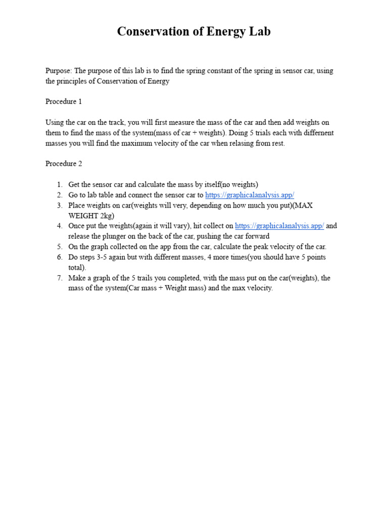 Purpose - The Purpose of This Lab Is To Find The Spring Constant of The Spring in Sensor Car ...