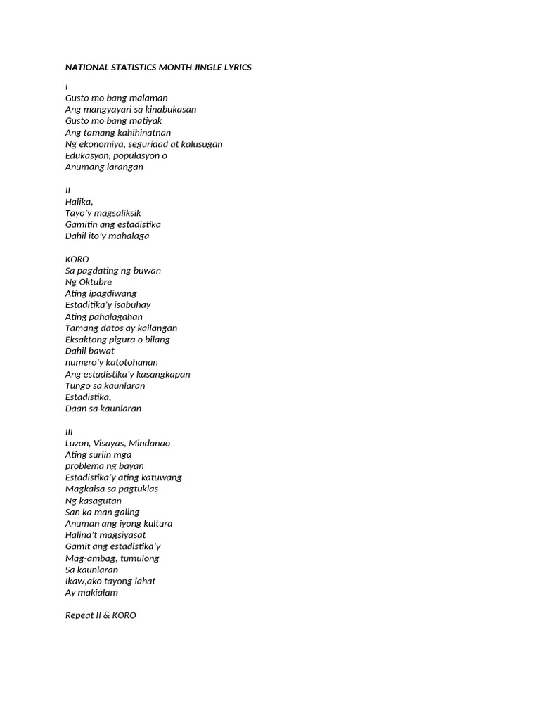 National Statistics Month Jingle Lyrics | PDF