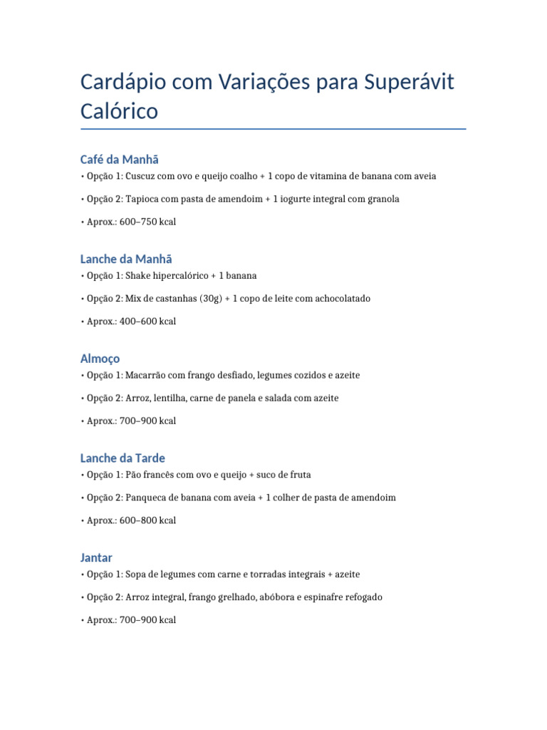 Cardapio Superavit Calorico Variado | PDF