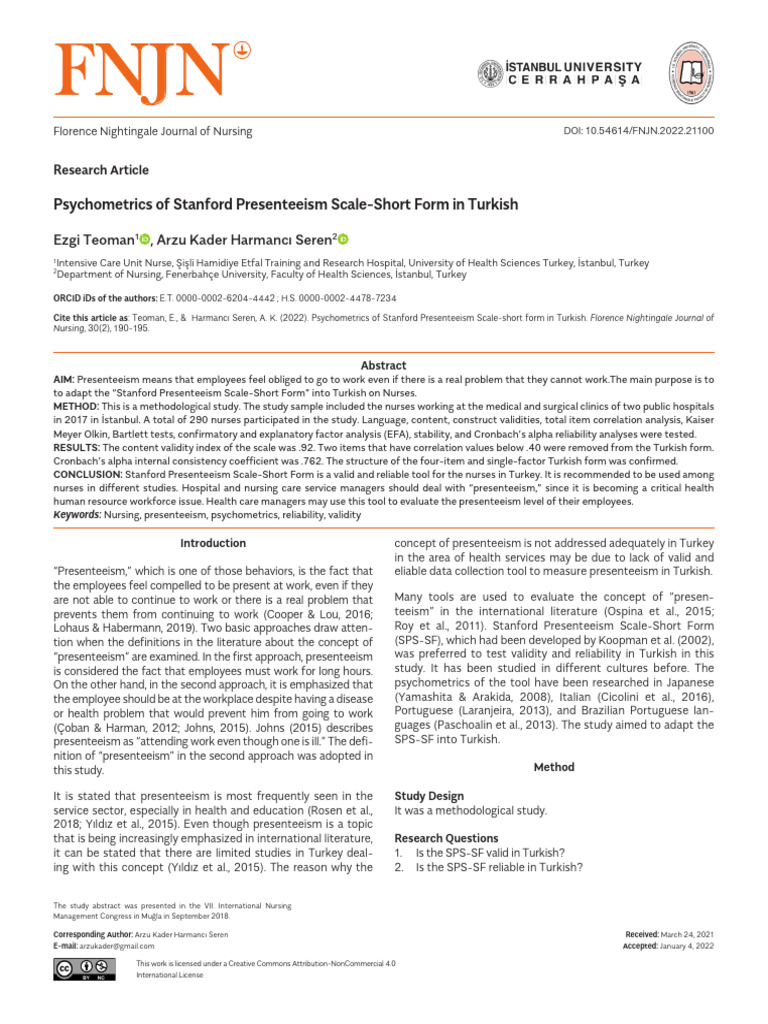 Psychometrics of Stanford Presenteeism Scale-Short Form in Turkish | PDF