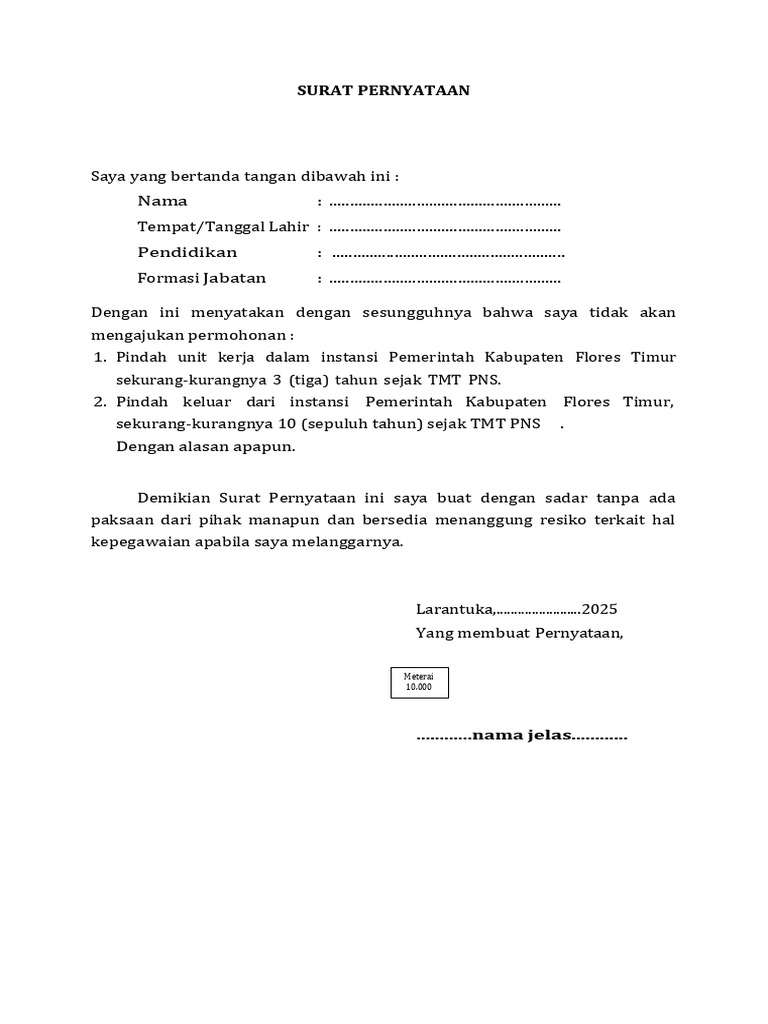 Surat Pernyataan Bersedia Mengabdi Dan Tidak Mengajukan Permohonan Pindah | PDF