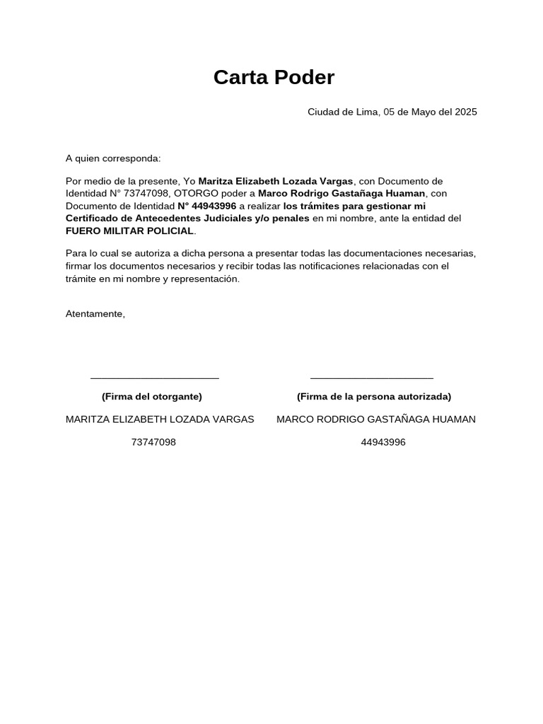 Carta Poder para Certificado Judicial | PDF