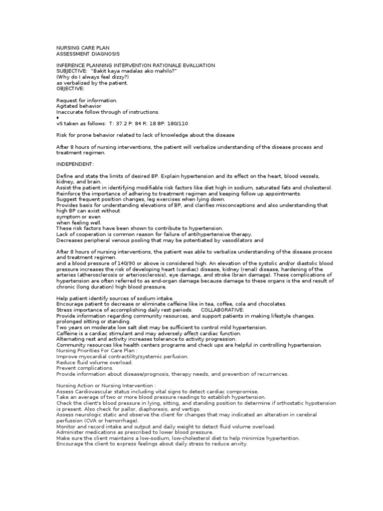 Nursing Care Plan | PDF | Fatigue (Medical) | Hypertension