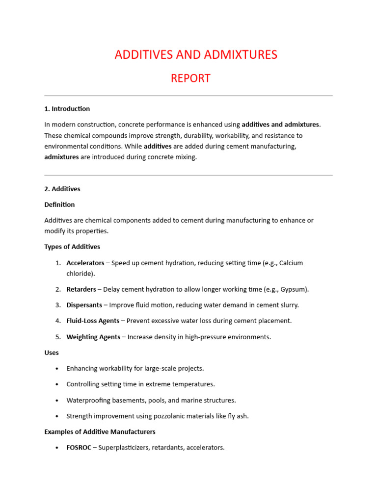 Addivtives and Admixtures Report | PDF | Concrete | Cement