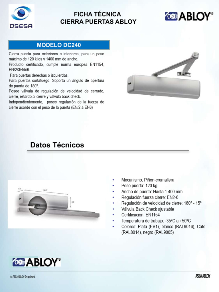 Cierre Puertas Abloy DC240: Especificaciones | PDF