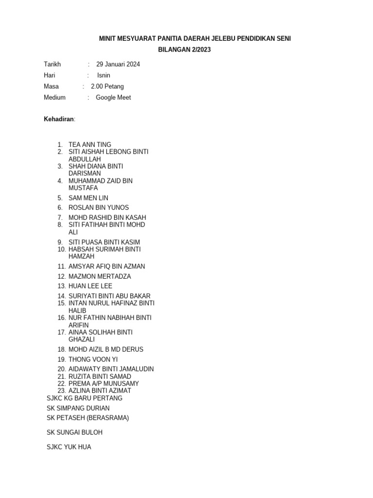 Minit Mesyuarat PSV Daerah Bil 2 2023 SK Kampai | PDF