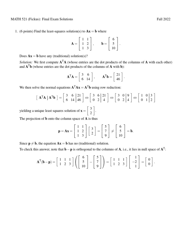 MATH 521 Practice Final Exam Solutions | PDF | Eigenvalues And Eigenvectors | Mathematical Concepts