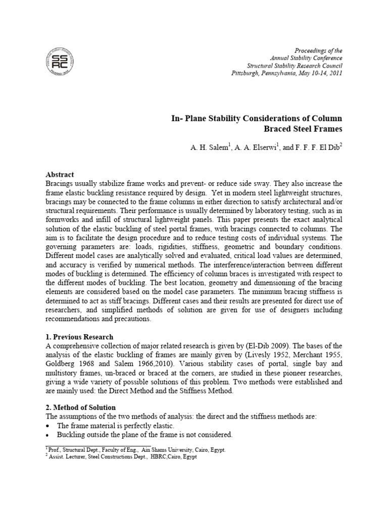 In Plane Stability Considerations of Column Braced Steel Frames | PDF ...