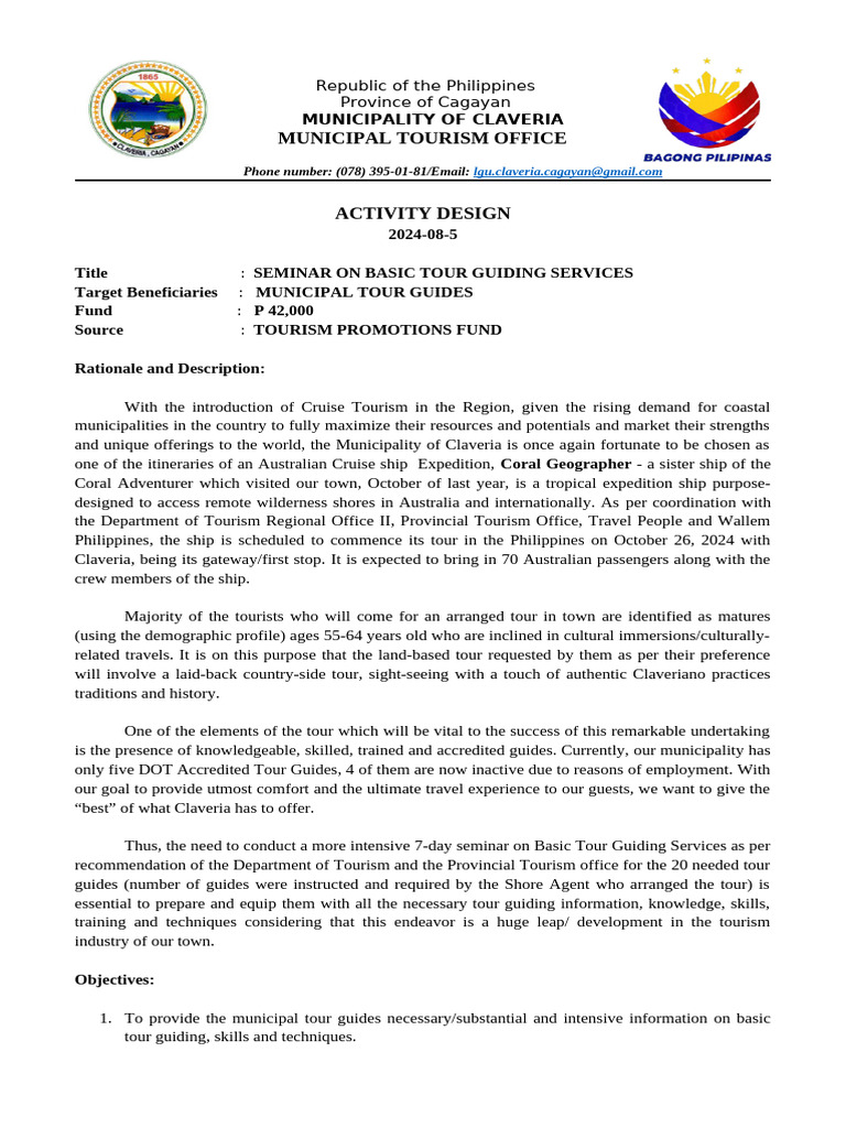 Activity Design Training On Tour Guiding Services 2024 | PDF | Tourism