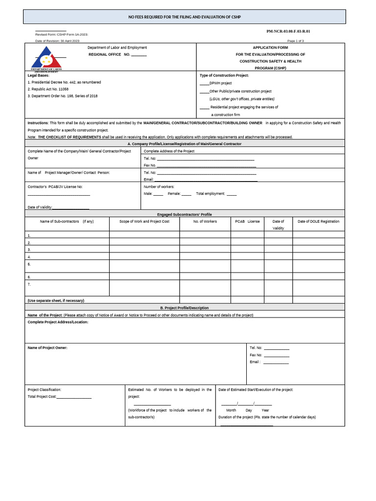PM-NCR-03.08-F.03-R.01 - Form 1A - CSHP Application Form For CSHP | PDF ...