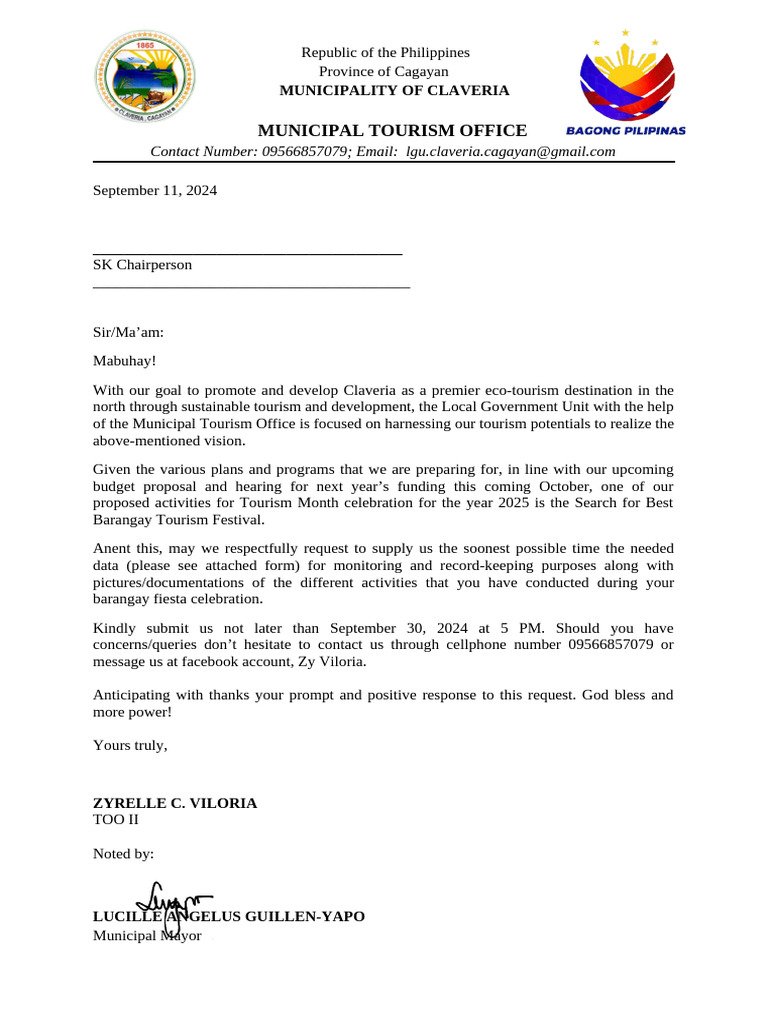 Letter Tourism Request For Barangay Fiesta Data | PDF