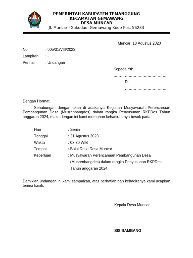 Undangan Musrenbangdes RKPDes 2024 | PDF