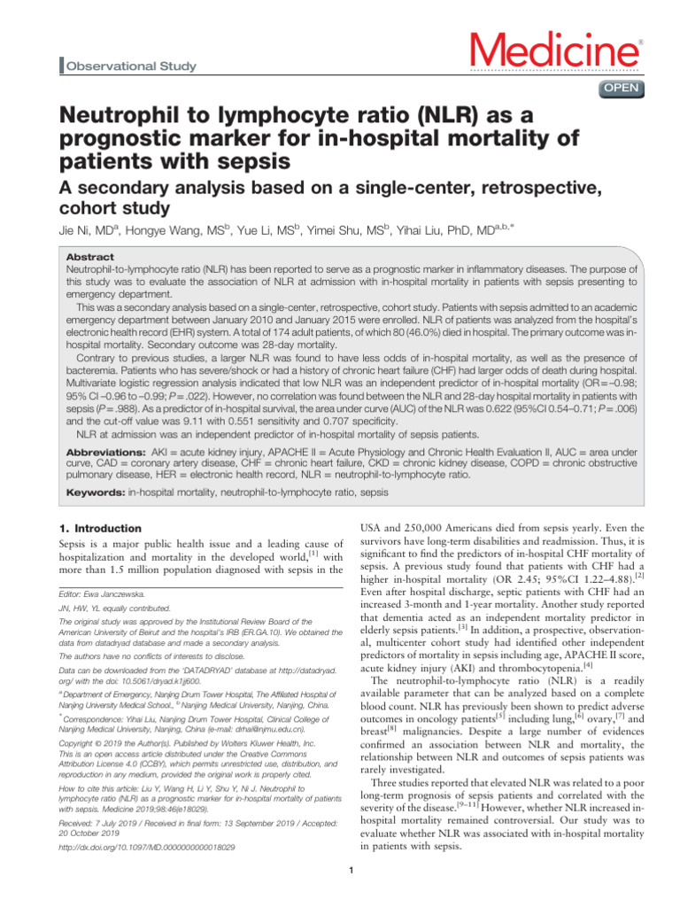 Neutrophil to lymphocyte ratio (NLR) as a | PDF | Sepsis | Heart Failure