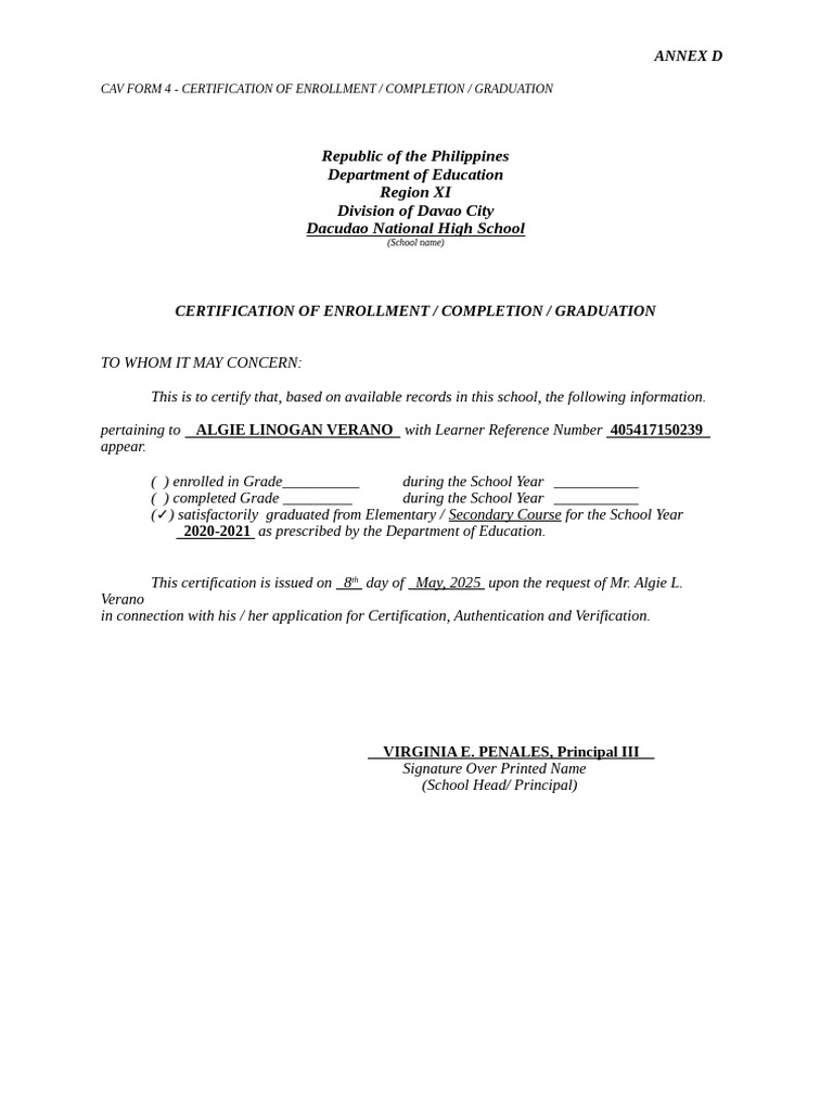 Cav Form 4 Certification of Enrollment - Completion - Graduation | PDF