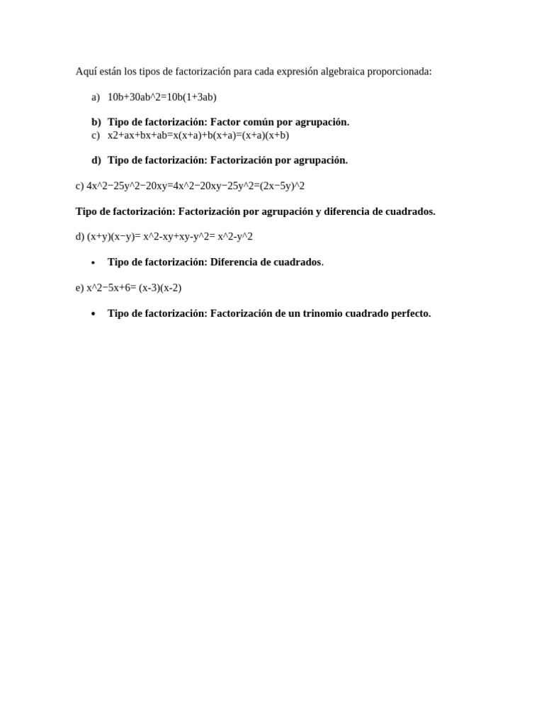 Aquí Están Los Tipos de Factorización para Cada Expresión Algebraica Proporcionada | PDF