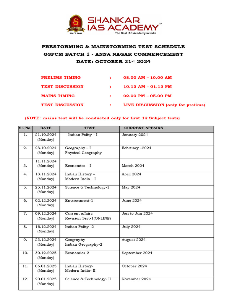 GSPCM Batch 1 Prestoming Test Schedule | PDF | Oceans | Physical Geography
