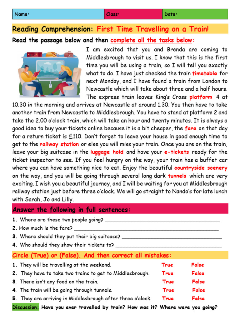 Reading Comprehension First Time Travelling On A T Reading ...